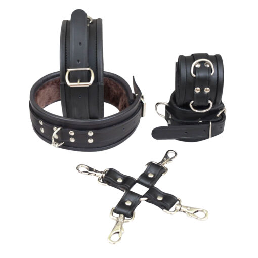 Black Real Leather Thigh & Wrist Cuffs 5 Pieces Set – Global Whip Makers